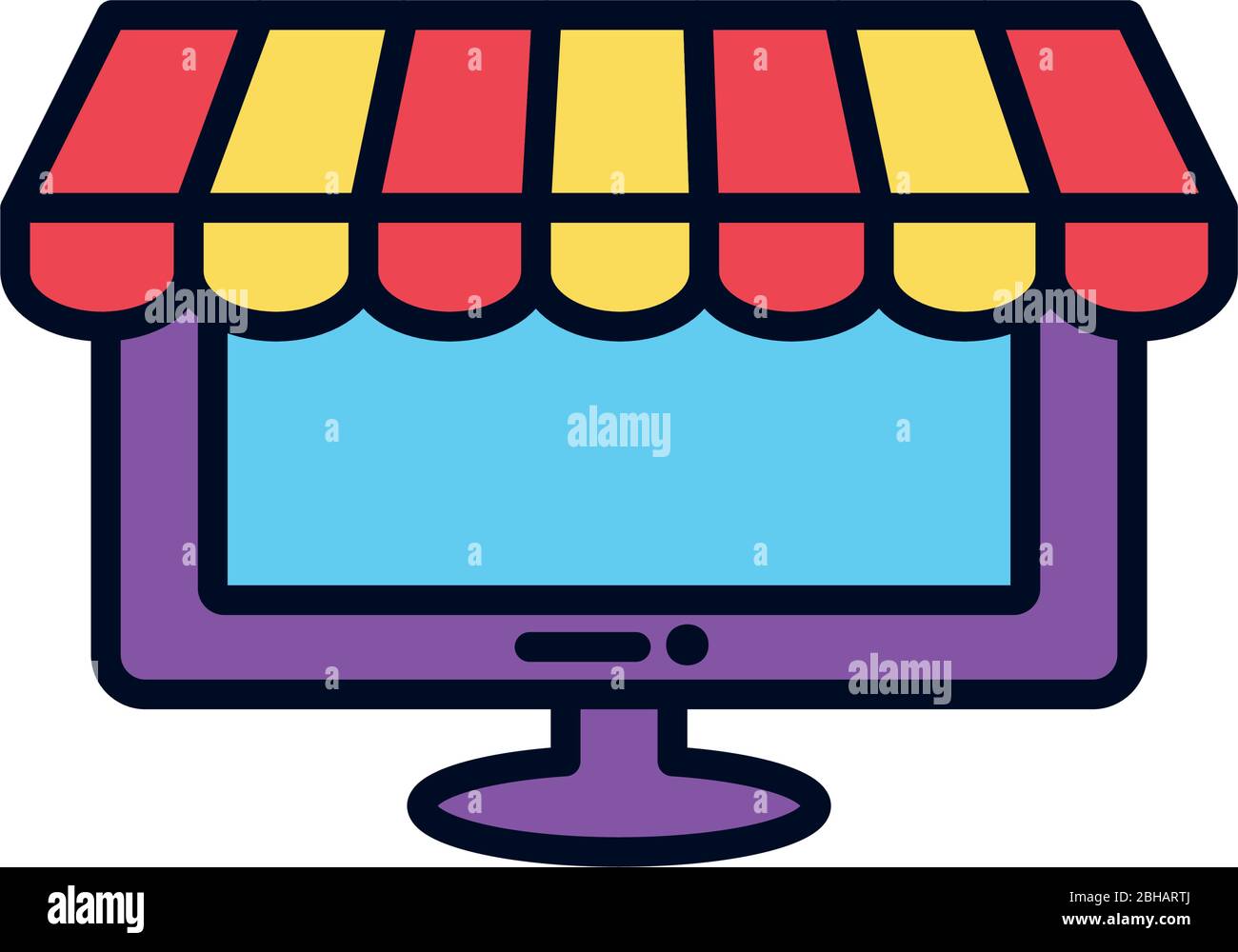computer with store tent icon over white background, color line style ...
