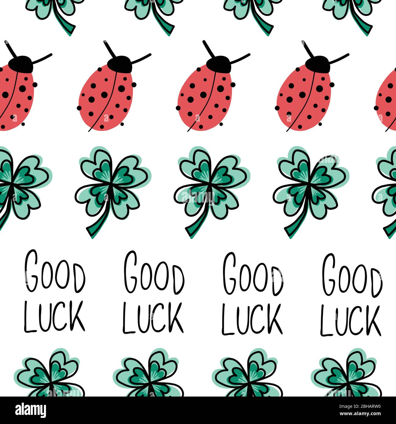 Ladybugs, clover leaves, Good Luck lettering seamless vector background ...