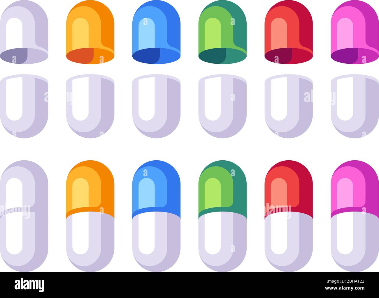 Set of colorful pills. Open and closed capsules. Medicine flat icons ...