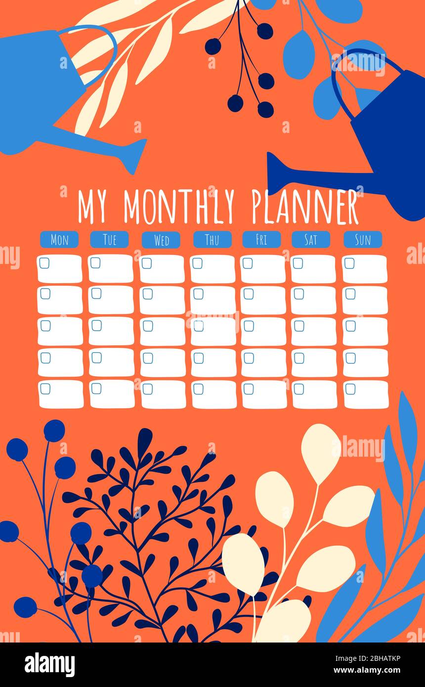 Vector springtime floral hand drawn monthly planner, schedule template ...
