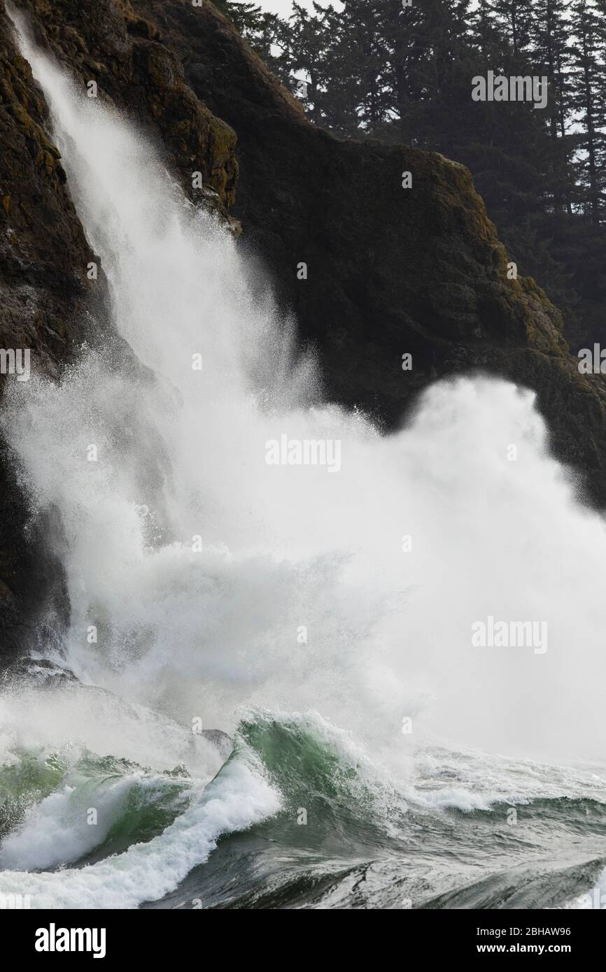 Wave hitting cliff, Cape Disappointment State Park, Washington, USA ...