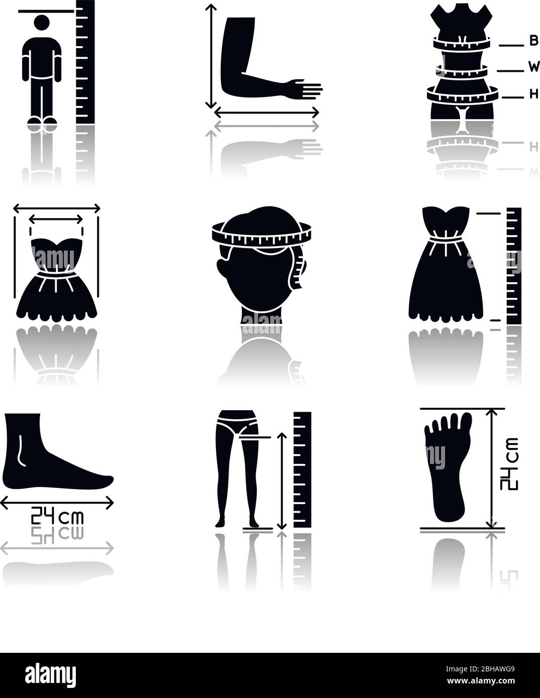 Tailor Measurements Drop Shadow Black Glyph Icons Set Human Body
