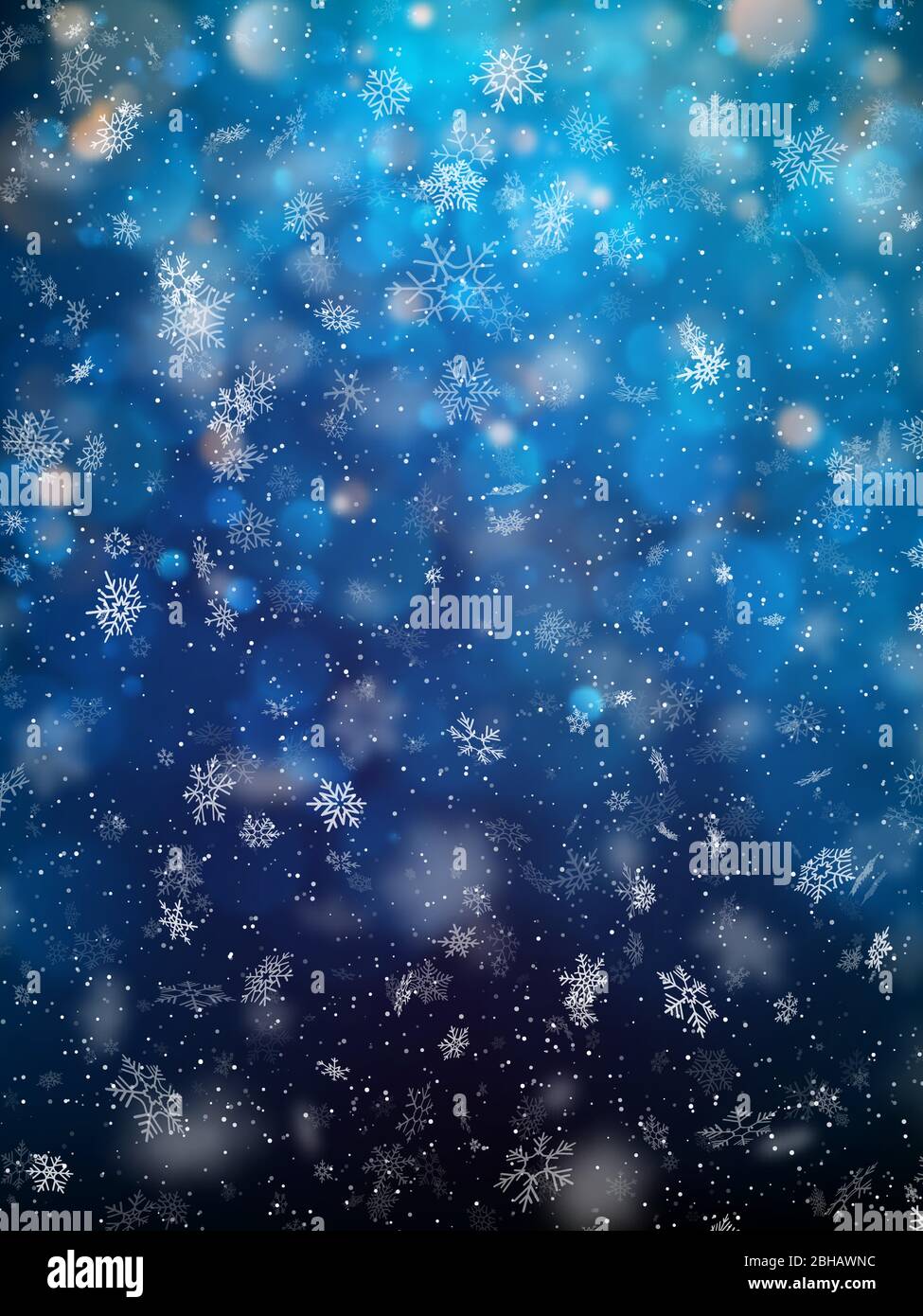 Fallen defocused light and snowflakes. Winter dark background template ...