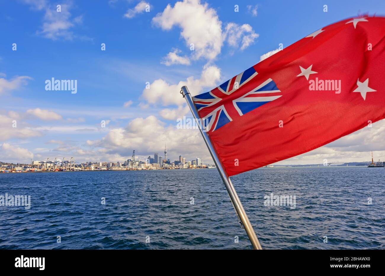 New Zealand flag and Auckland skyline, Auckland, North Island, New ...