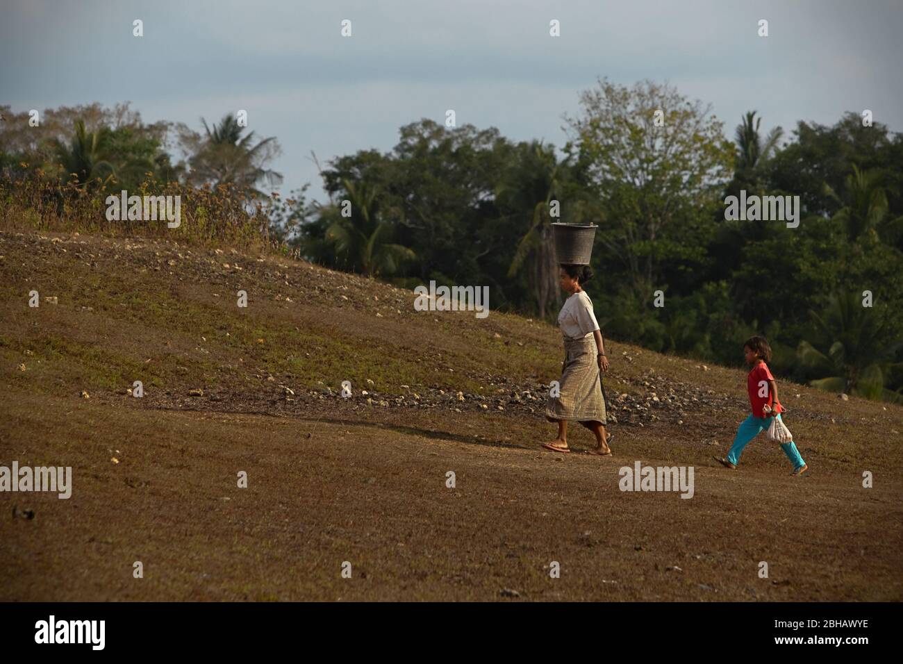 A woman carrying a plastic bucket on her head as she is walking with ...