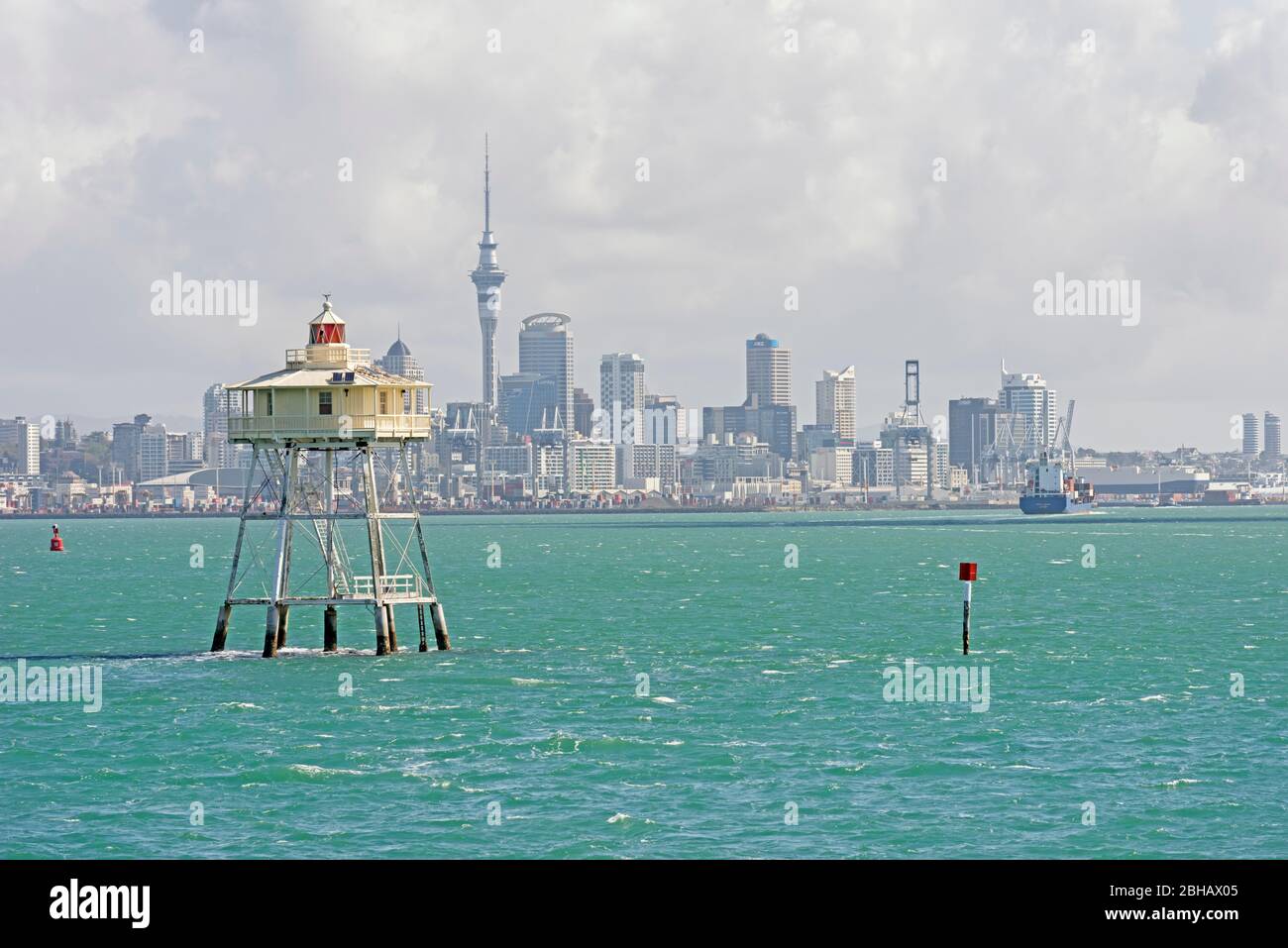 Bean Rock Lighthouse and Auckland skyline, Auckland, North Island, New ...