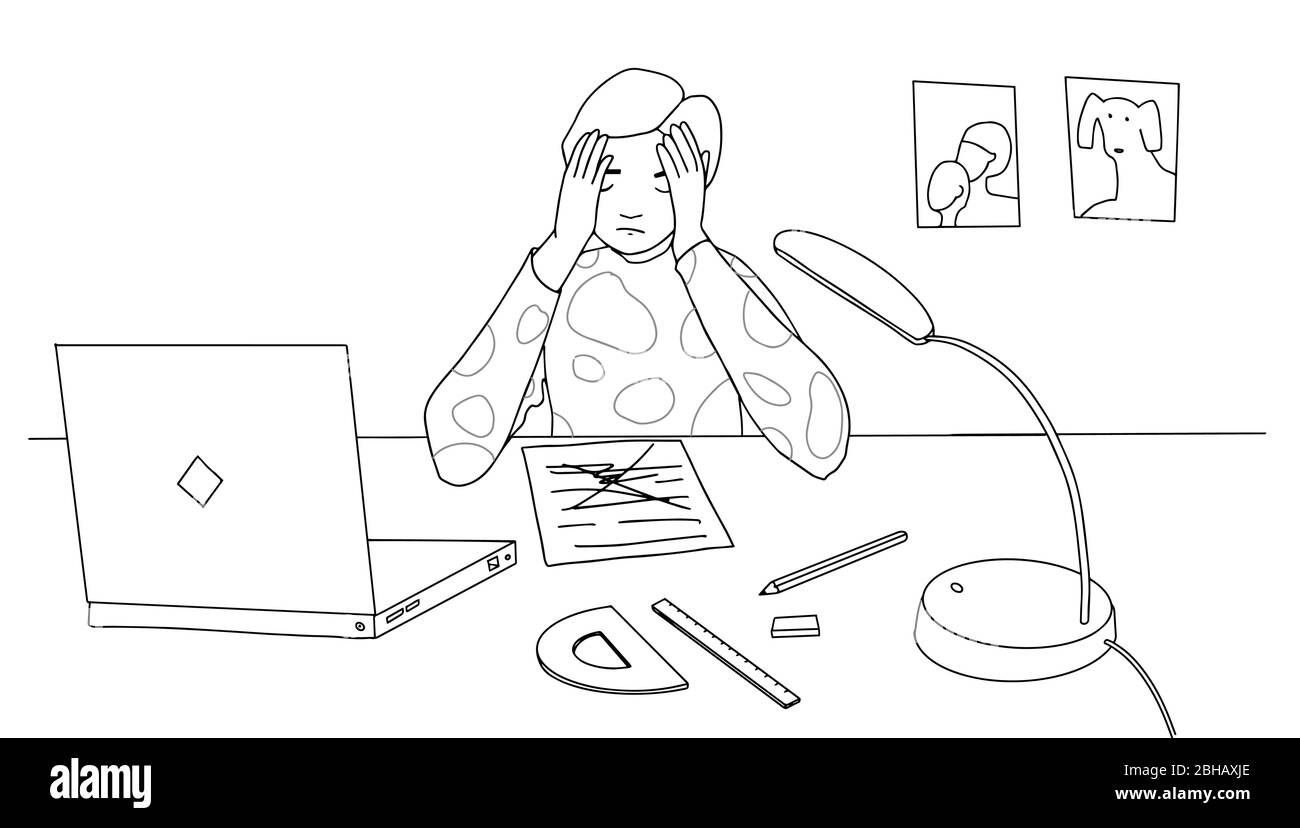 Boy at home in stress doing hard homework or prepare for exam Not ...