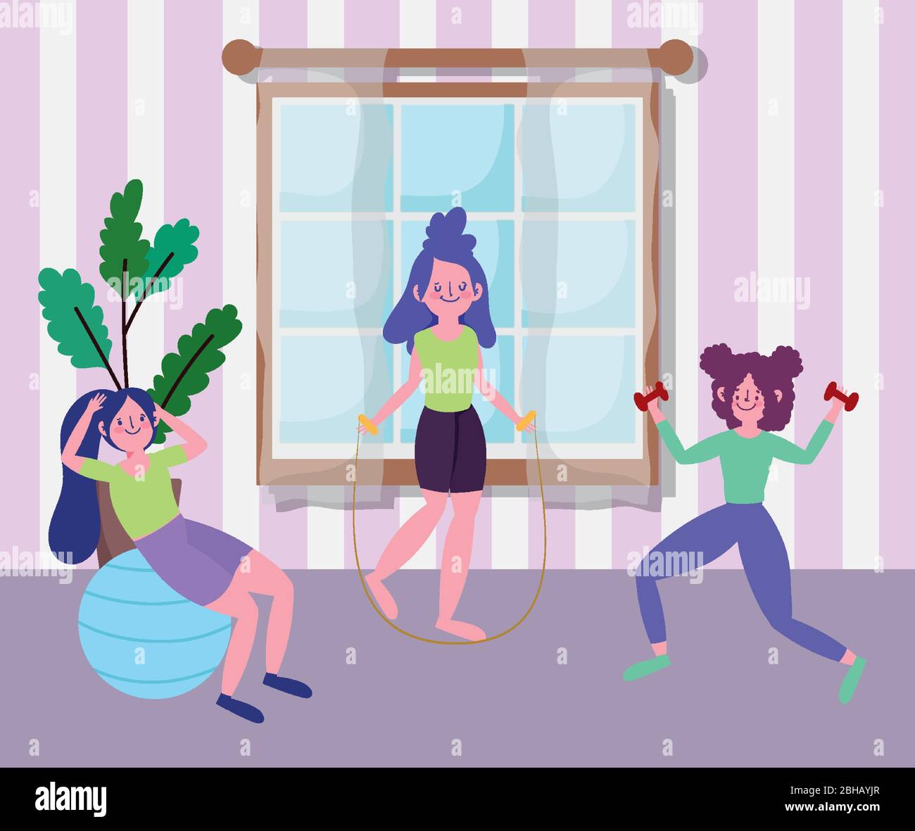 girls practicing fitness with ball jump rope and dumbbells, exercises ...