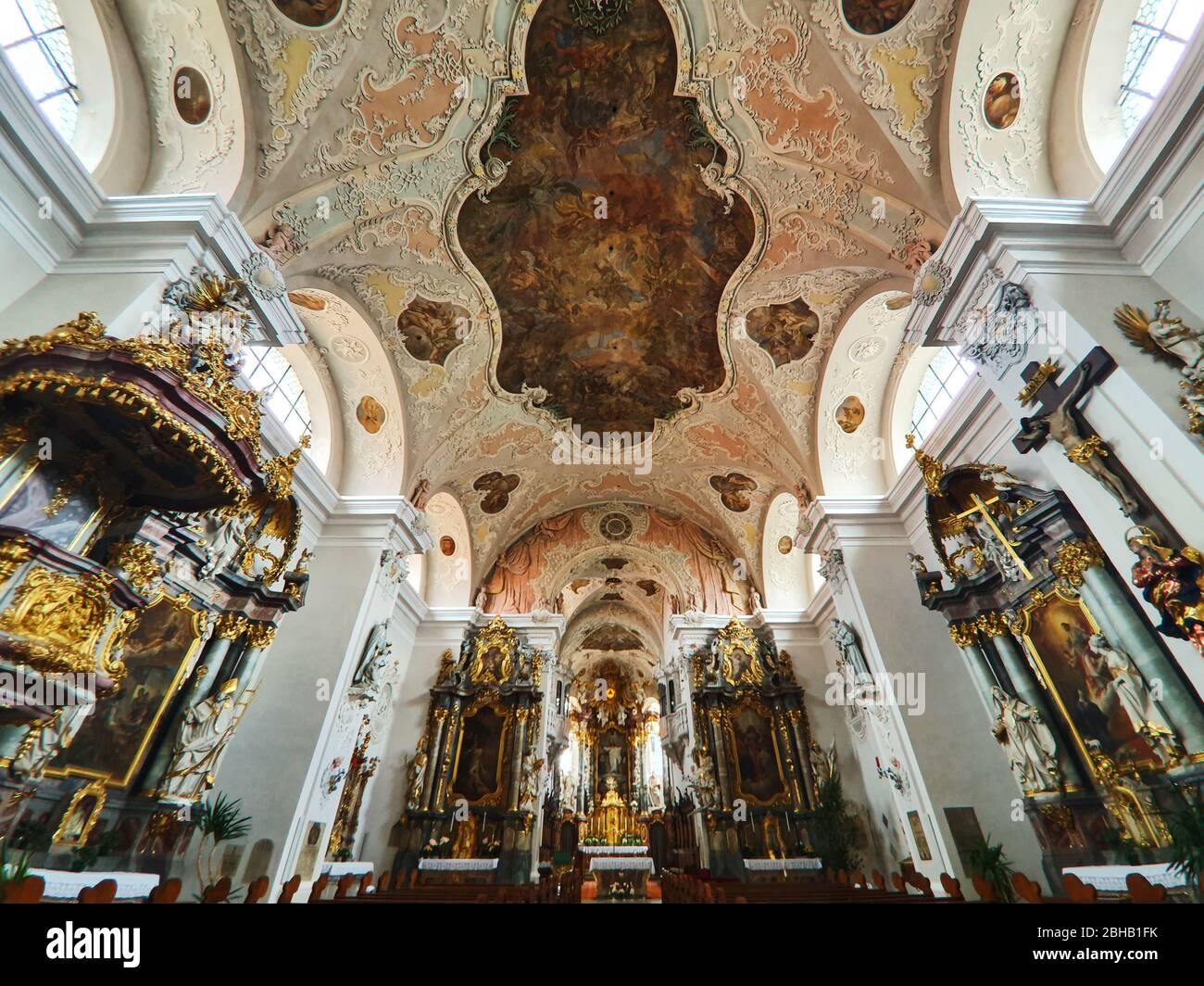 Ceiling fresco, pulpit, altar, parish church St. Jakob, Germany ...