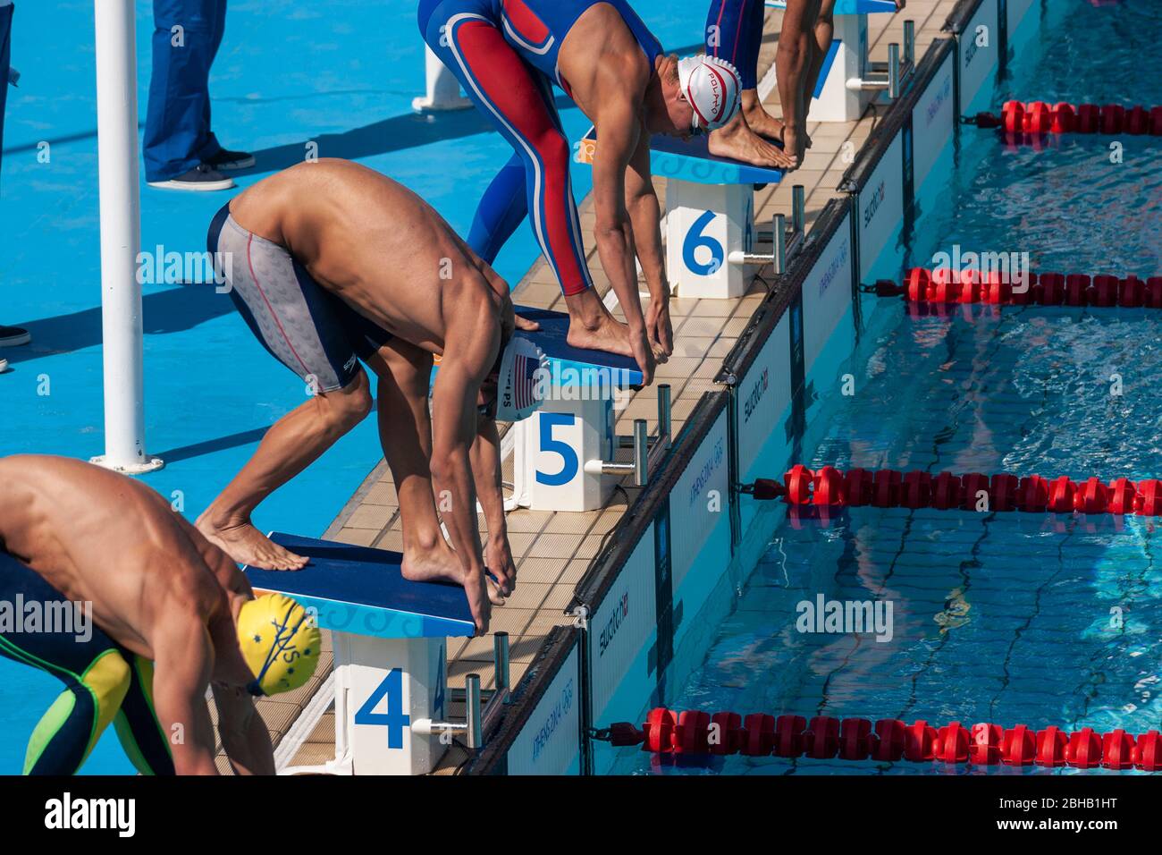 Michael Phelps (USA) at the start competing in the Men's 200 metre ...