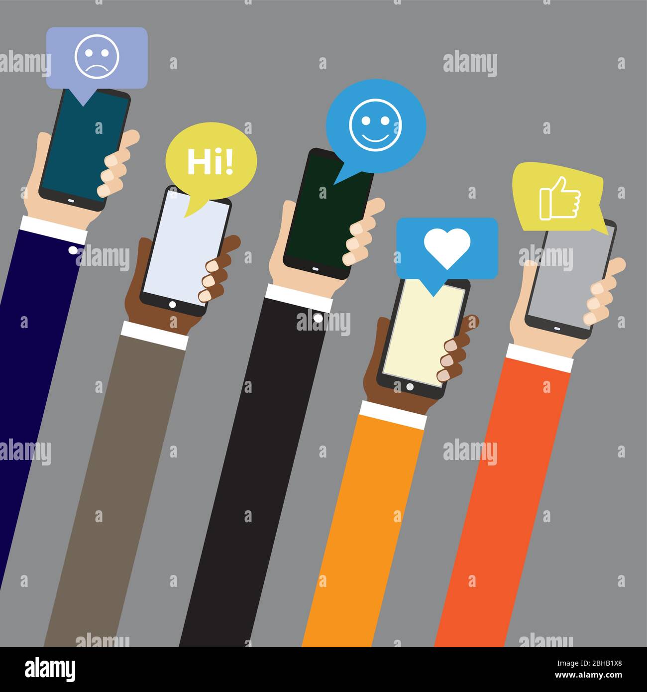 Mobile applications with social network chat. Hands holding modern ...