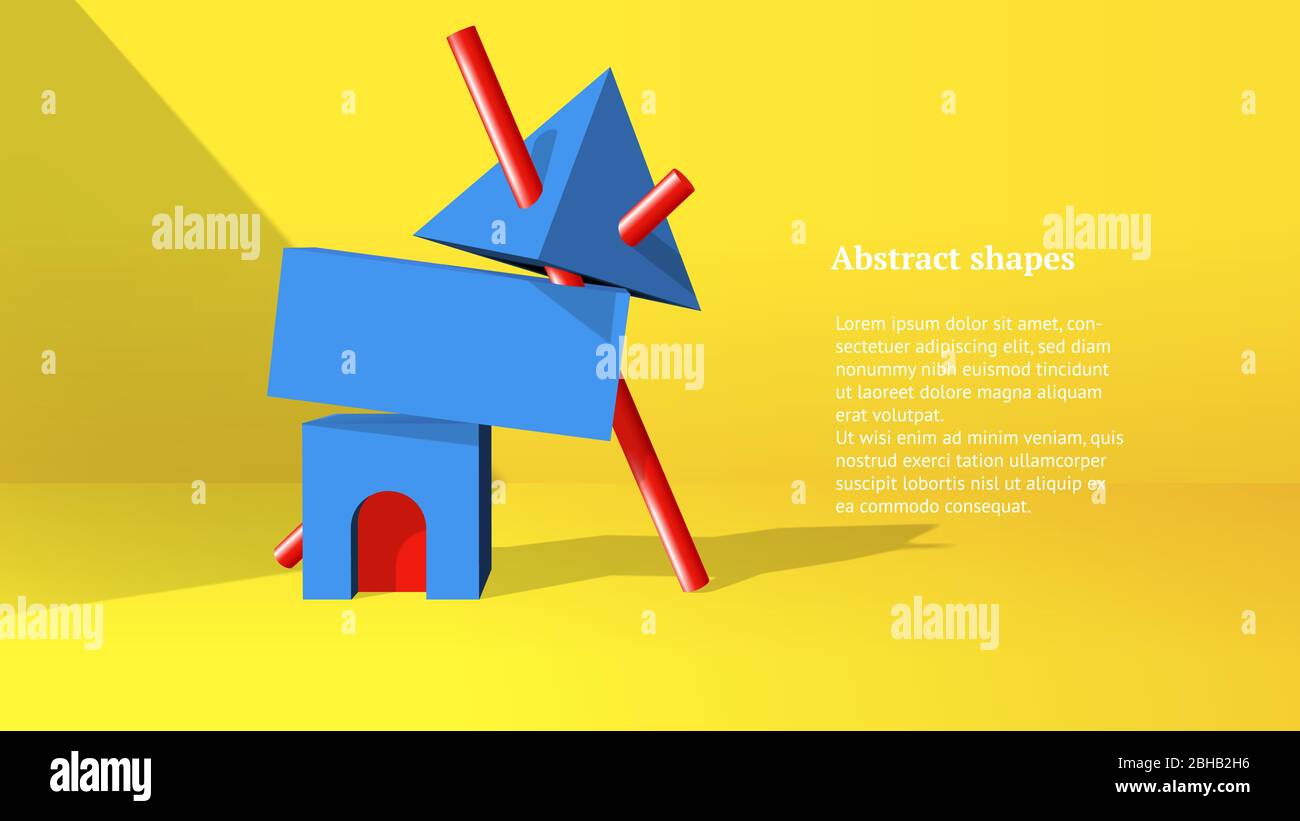 Abstract 3D objects or elements installation balancing in the yellow ...