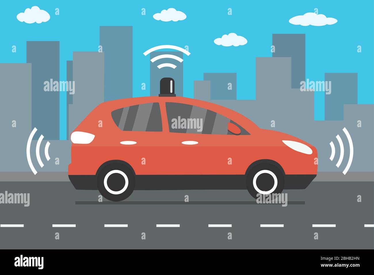 Self Driving car on road,modern red auto on city background,flat vector ...