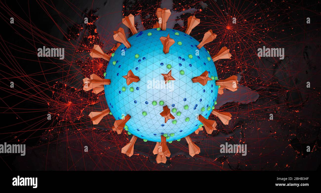 Viral pandemic, conceptual illustration. Viral pathogen over a map of ...