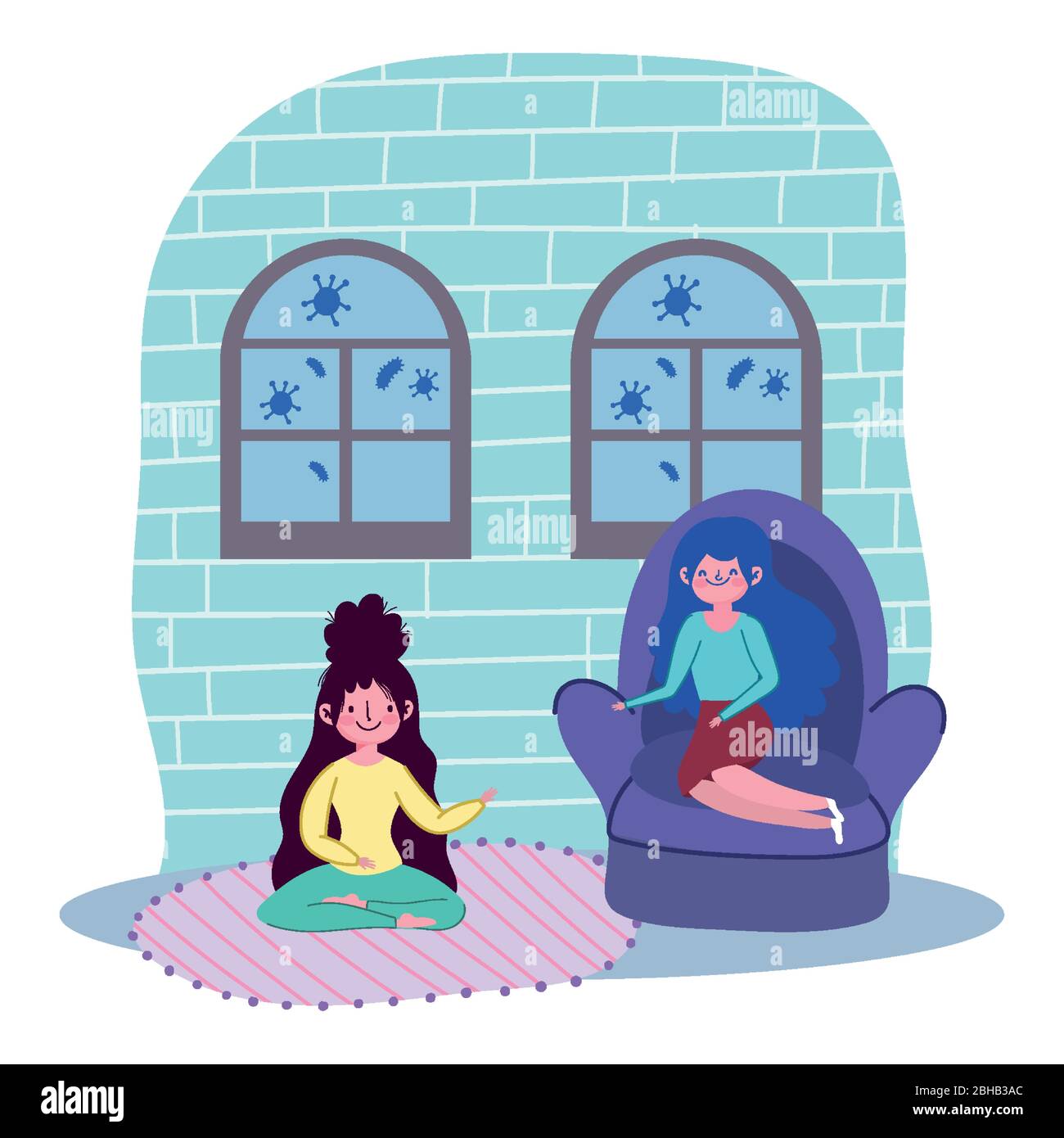 girl sitting on chair and floor in room, quarantine stay at home vector ...