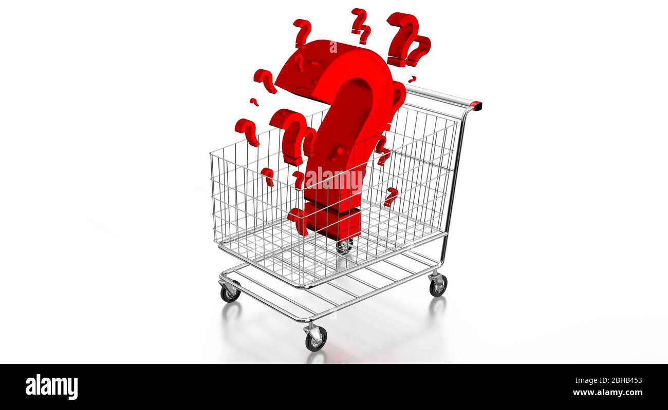 Shopping cart and question marks - 3D illustration Stock Photo - Alamy