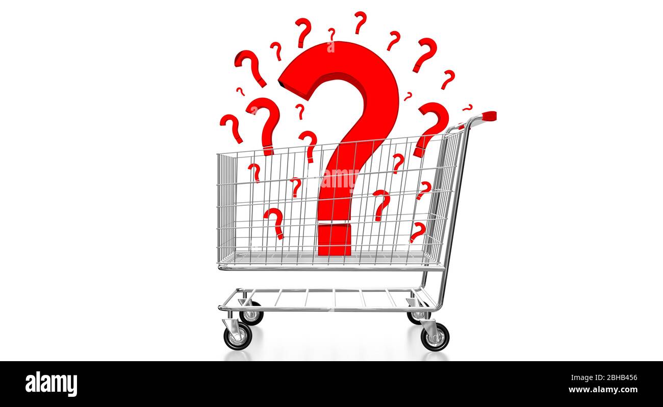 Shopping cart and question marks - 3D illustration Stock Photo - Alamy