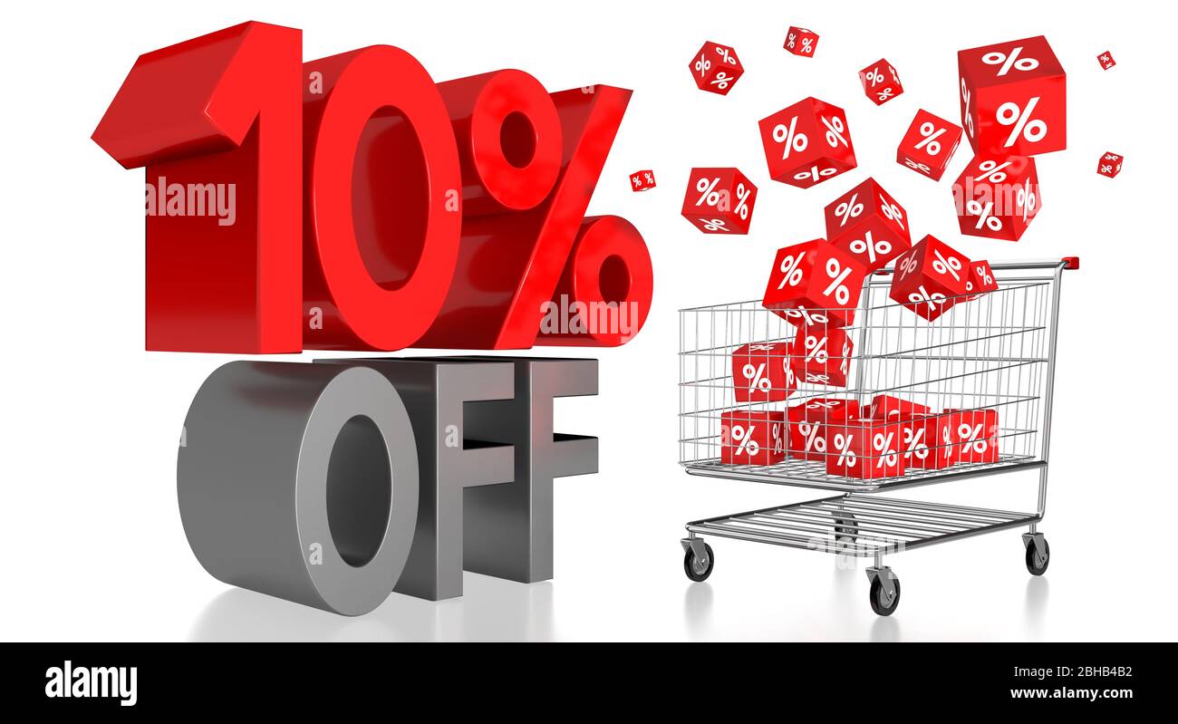 10% off, shopping cart - 3D illustration Stock Photo - Alamy