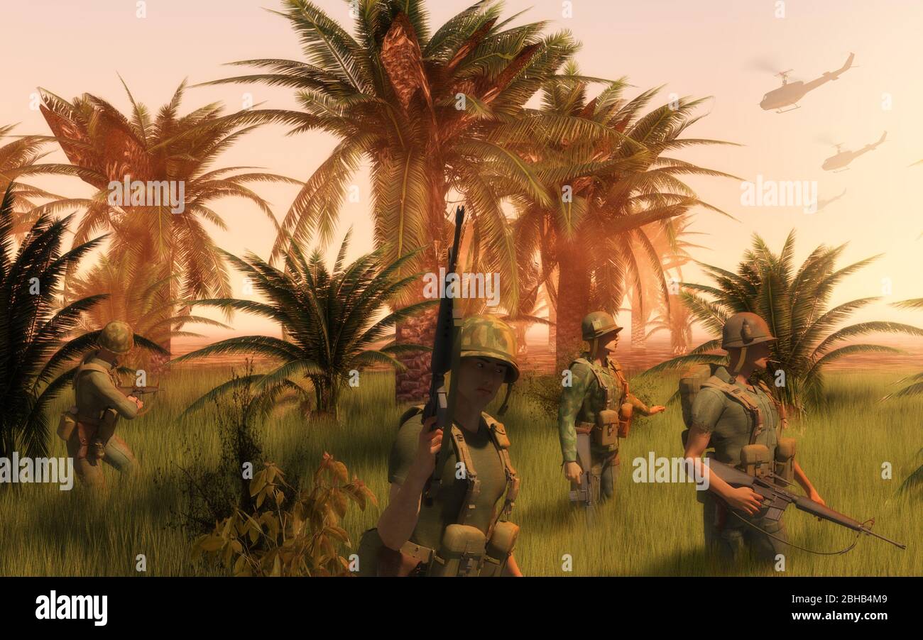 American air assault light mobile infantry on patrol during the Vietnam ...