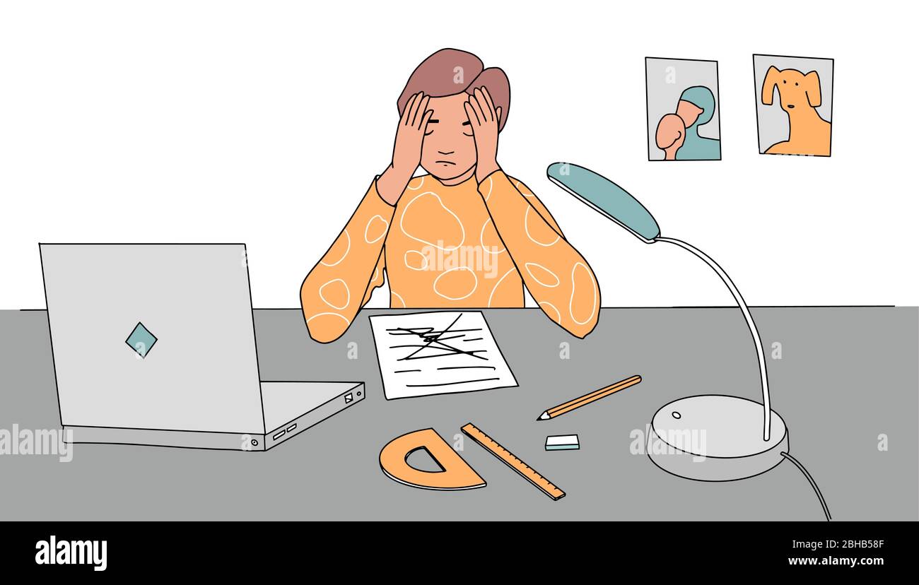 Boy at home in stress doing hard homework or prepare for exam upset ...