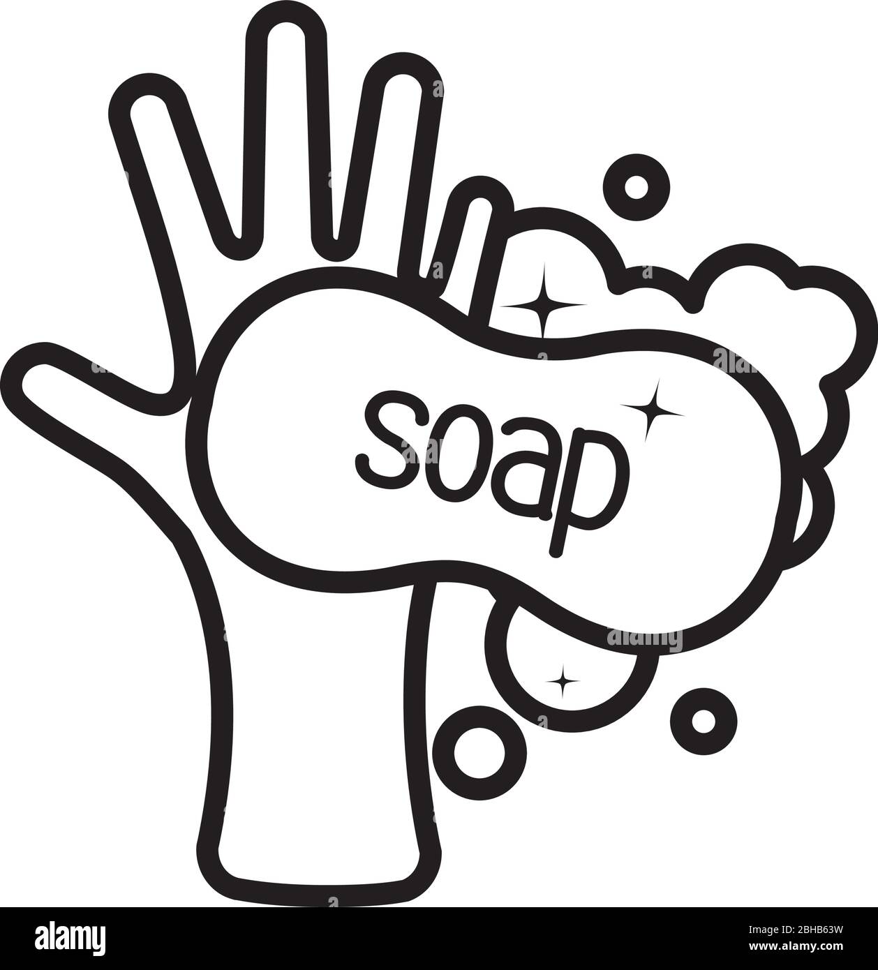 hand with soap bar with foam over white background, line style, vector ...
