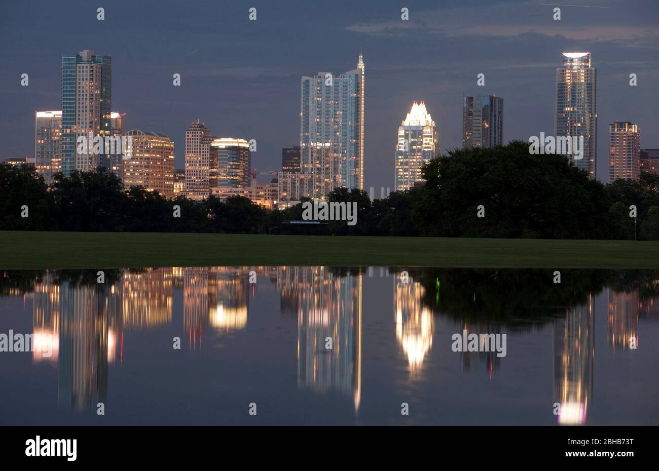 Austin Texas USA, June 2010. The Austin skyline is reflected in a large ...