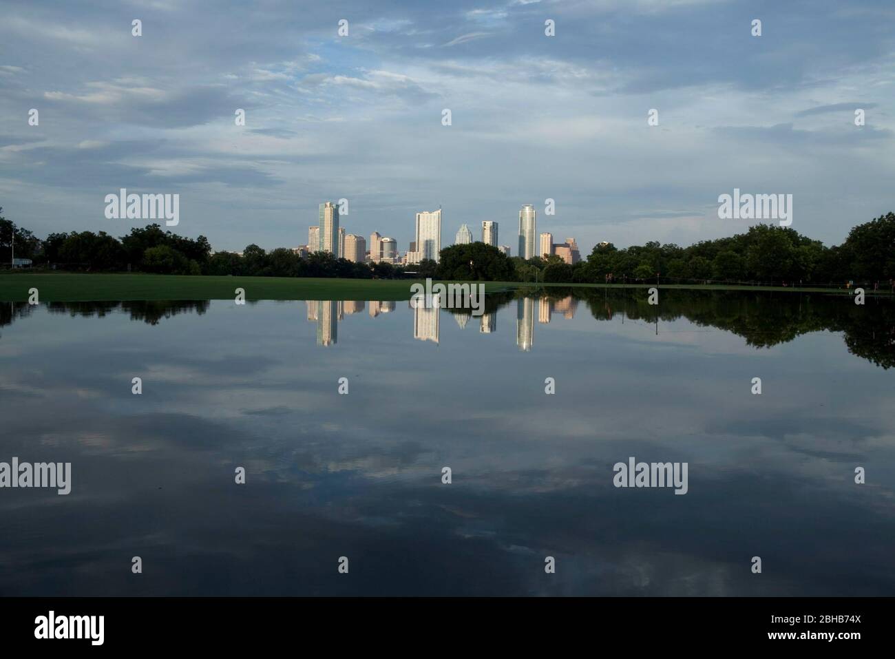 Austin Texas USA, June 2010. The Austin skyline is reflected in a large ...