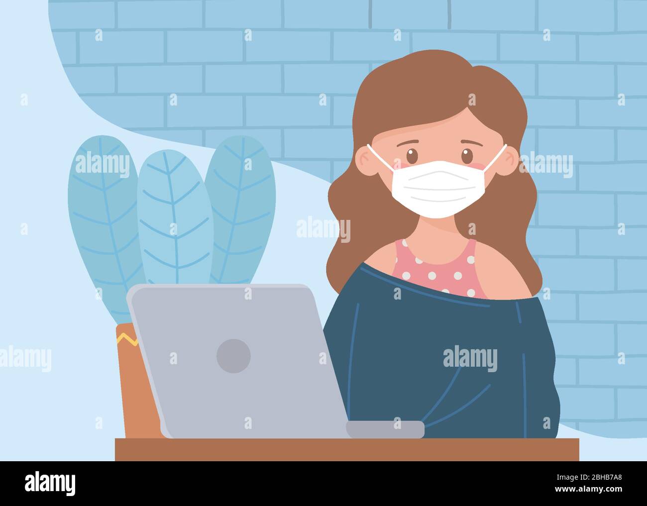 stay at home, young woman with mask working laptop vector illustration ...