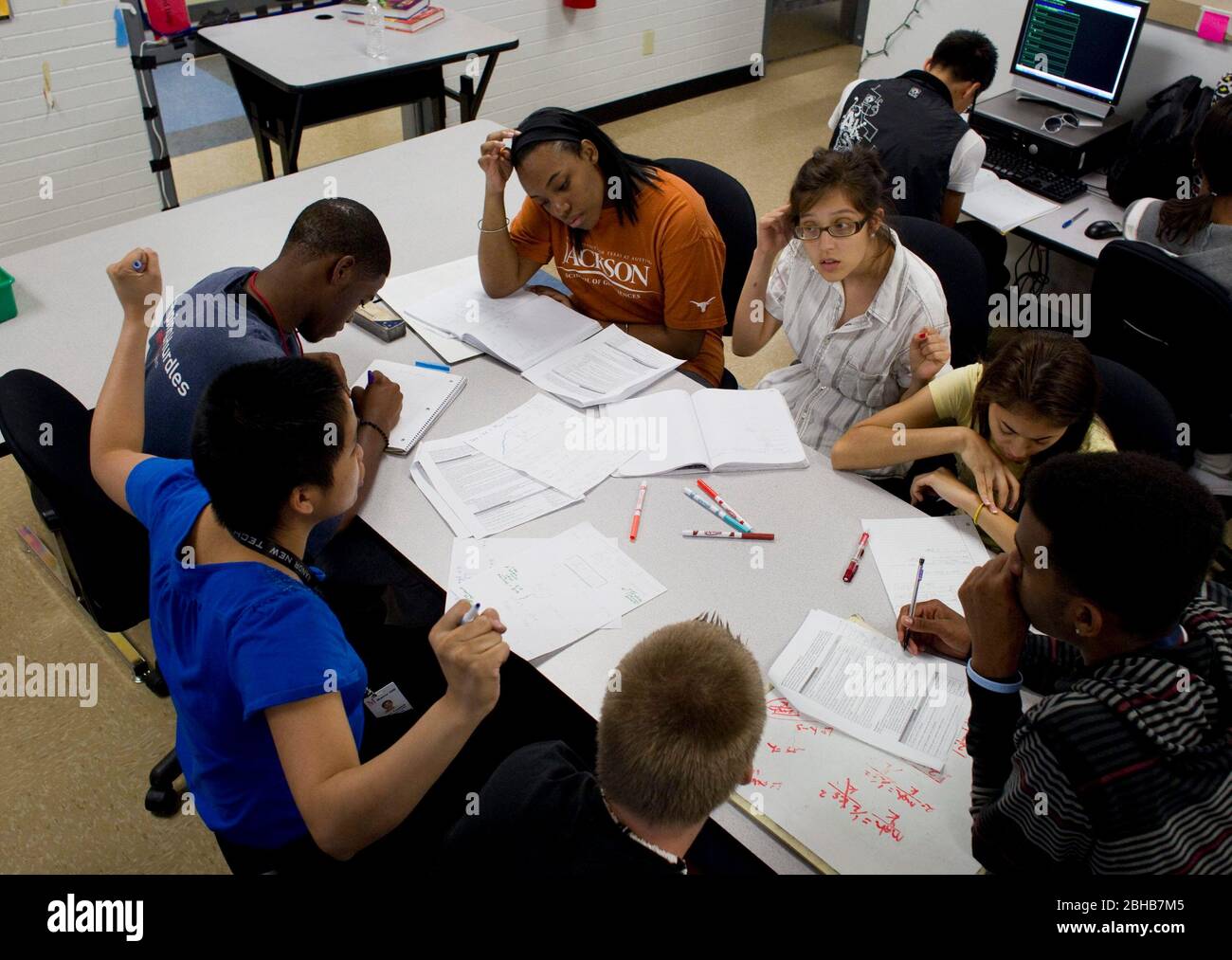 Manor, Texas USA, May 11, 2010: Female mathematics teacher (in blue ...