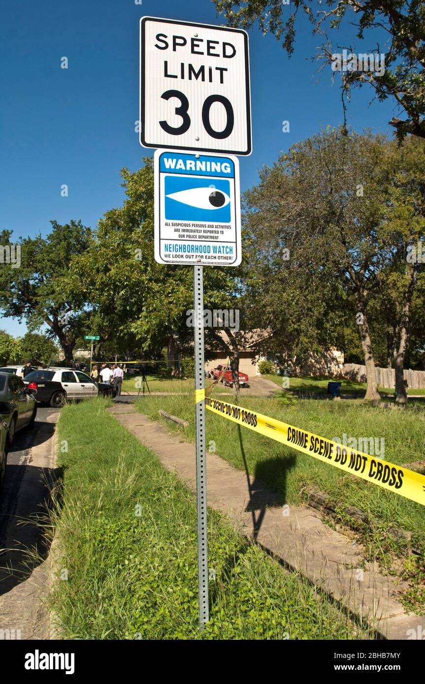 Austin, Texas USA, September 2010: Crime scene tape wrapped around ...