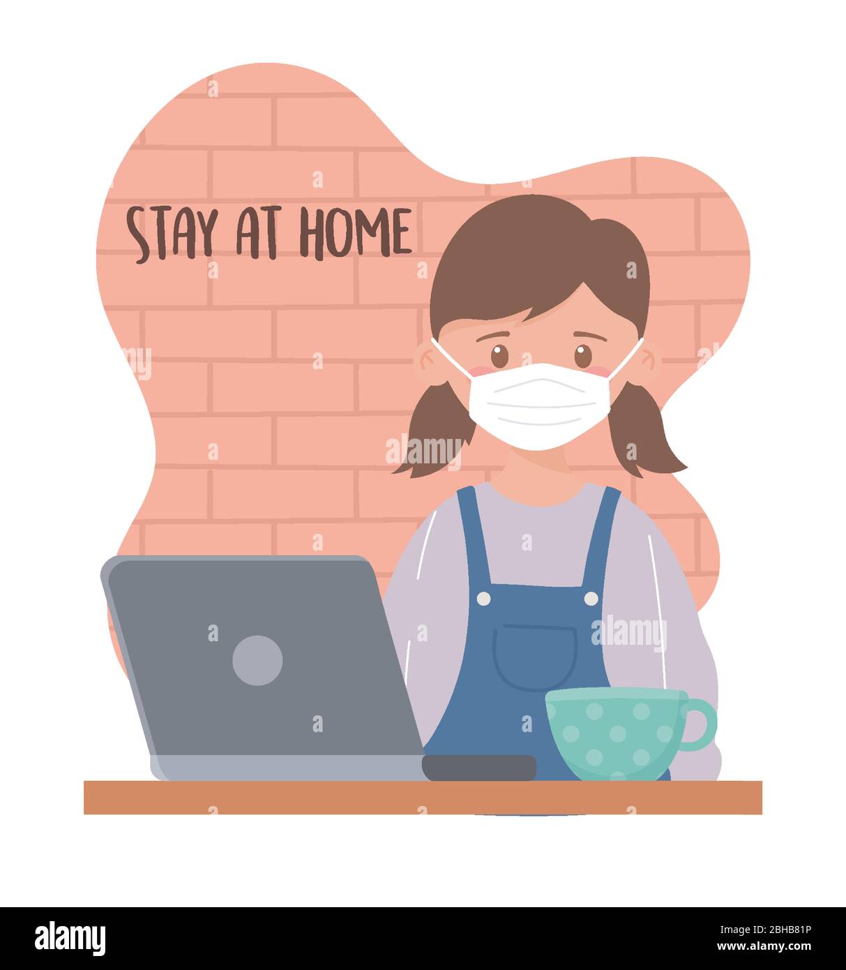 stay at home, girl with mask and laptop coffee cup vector illustration ...