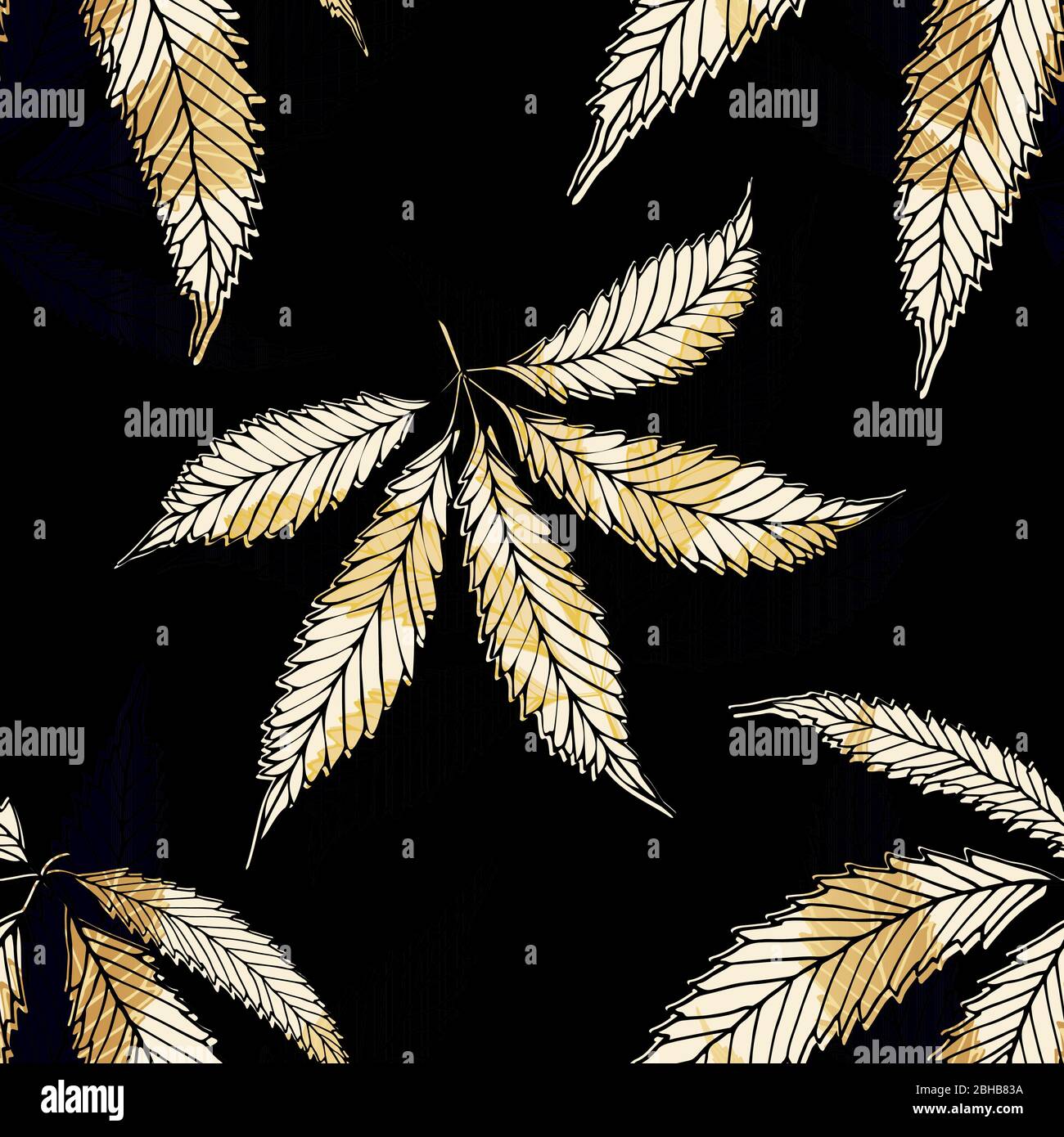 Cannabis leaves seamless vector pattern background. Black and gold hemp ...