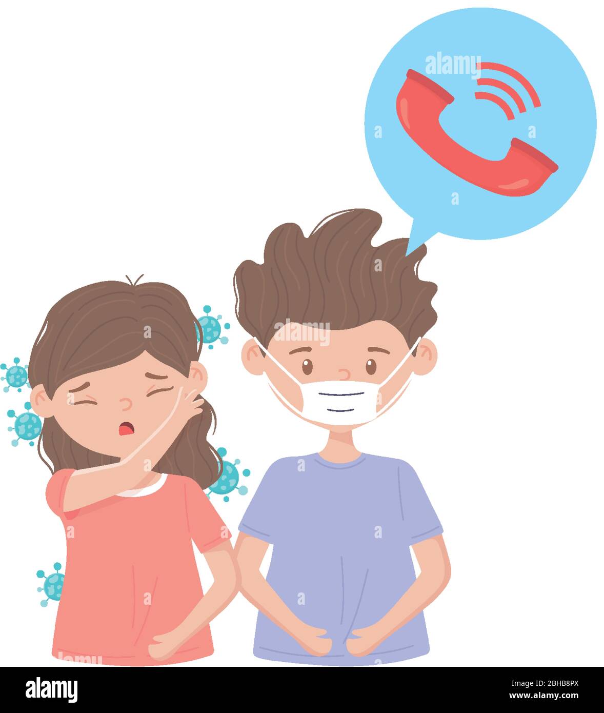 covid 19 quarantine, sick couple with mask and cough call support ...