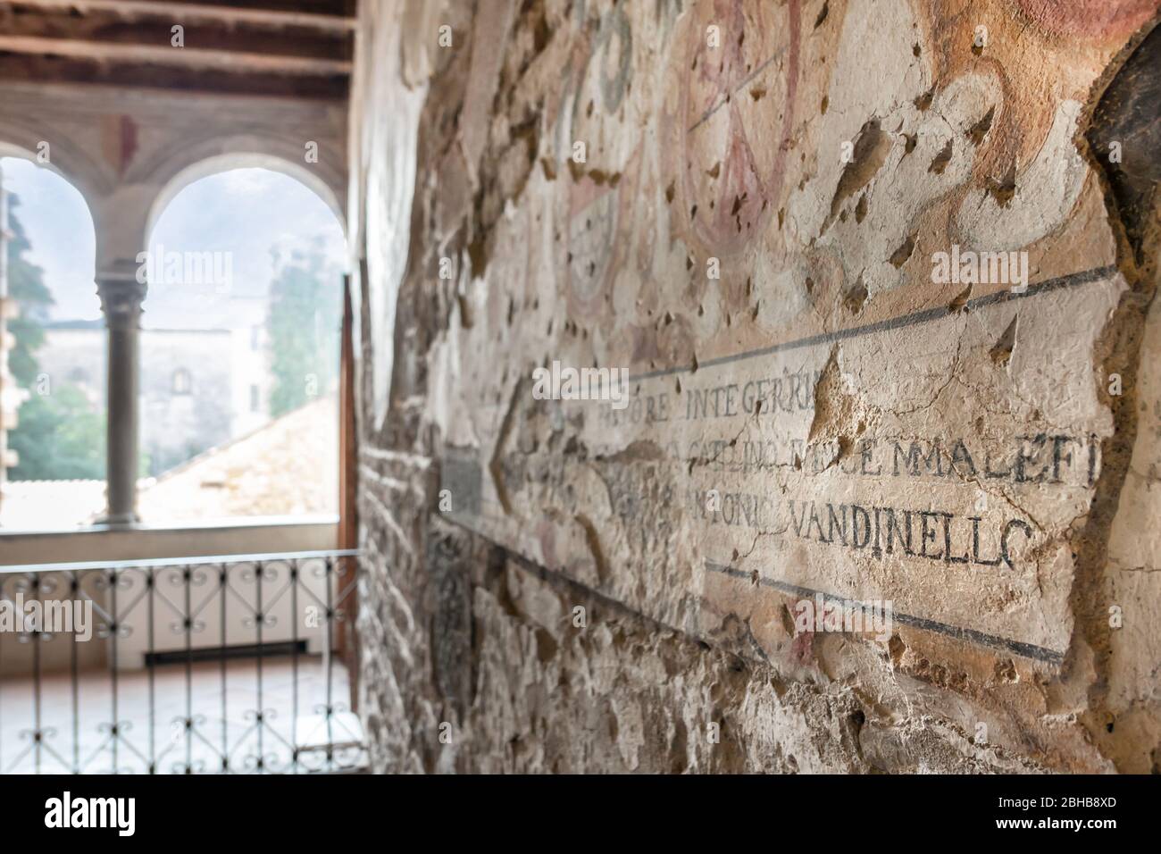 Detail of medieval fresco with Latin inscription. Bergamo, Italy Stock ...