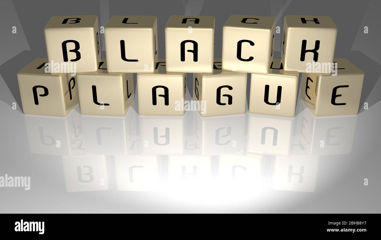 Black Plague arranged by golden cubic letters on a mirror floor ...