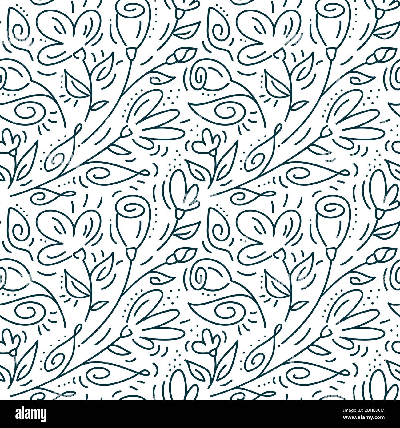 Seamless pattern with hand painted monoline flowers and leaves on a ...