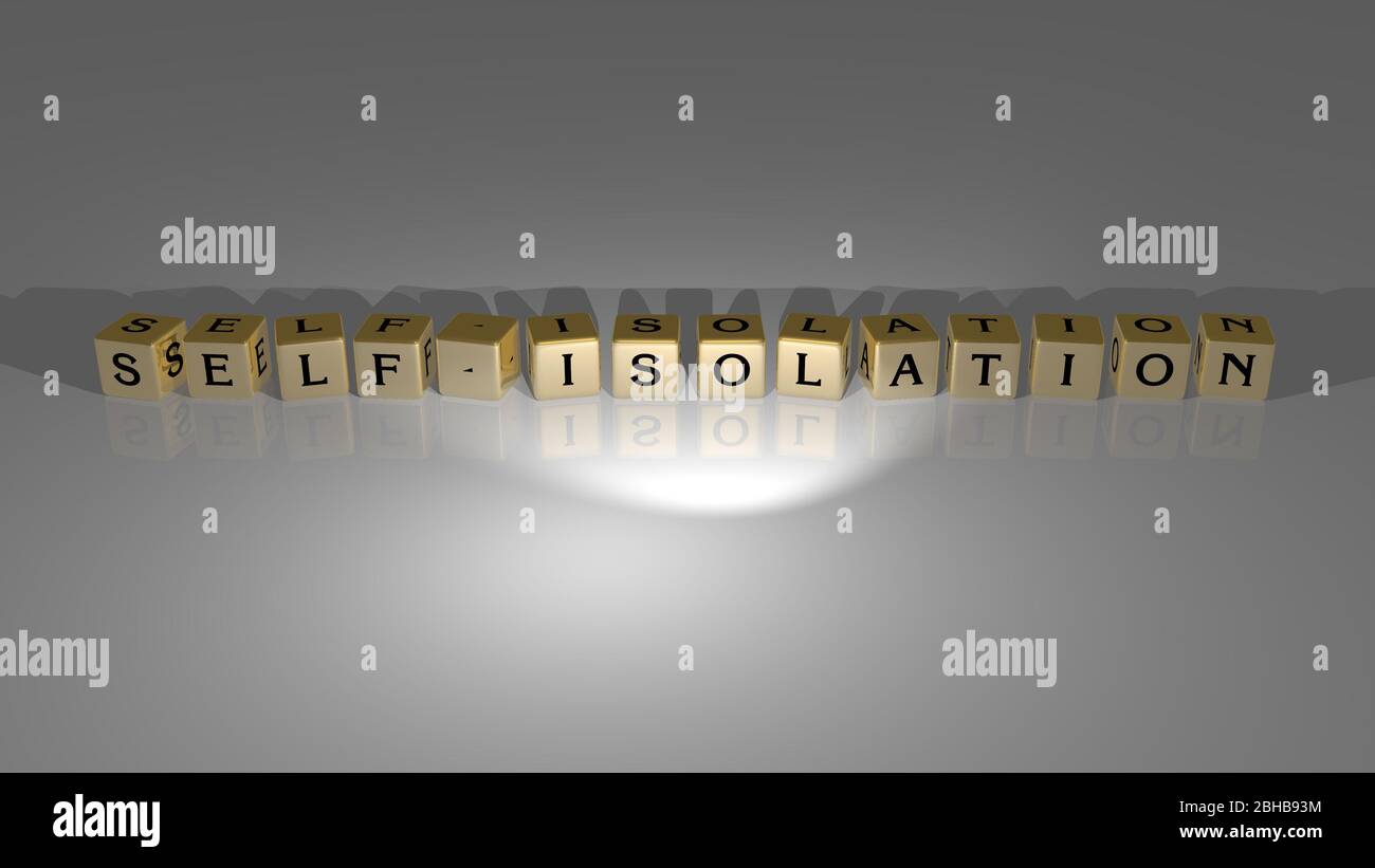 SELF ISOLATION arranged by golden cubic letters on a mirror floor ...
