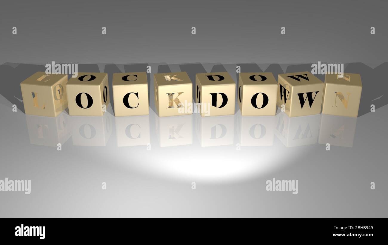 LOCKDOWN arranged by golden cubic letters on a mirror floor, concept ...