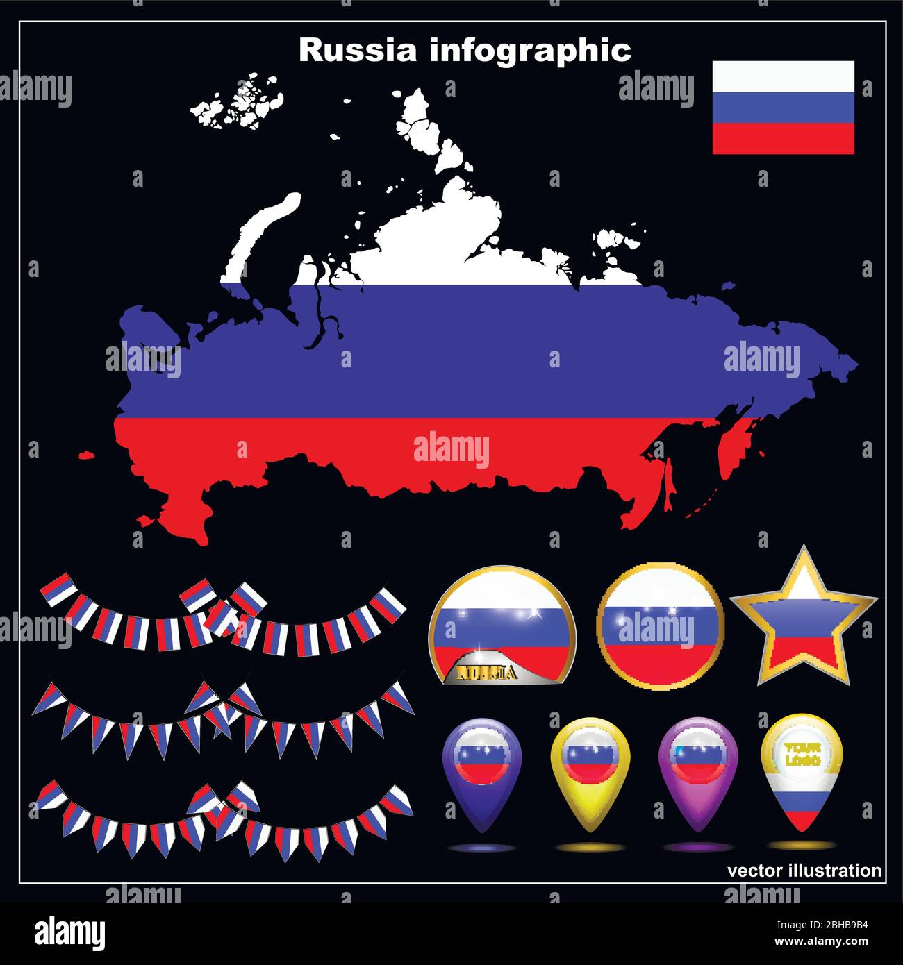 Bright Map of Russia. Set illustration with map, flag, buttons and ...