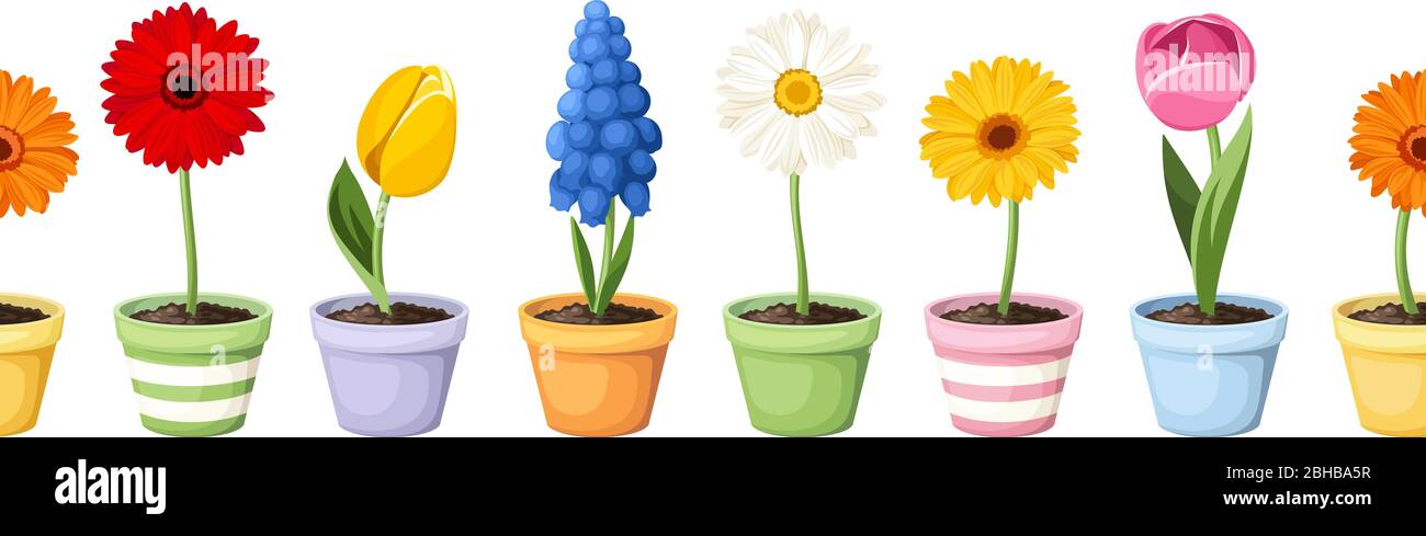 Vector horizontal seamless background with colorful spring flowers in ...