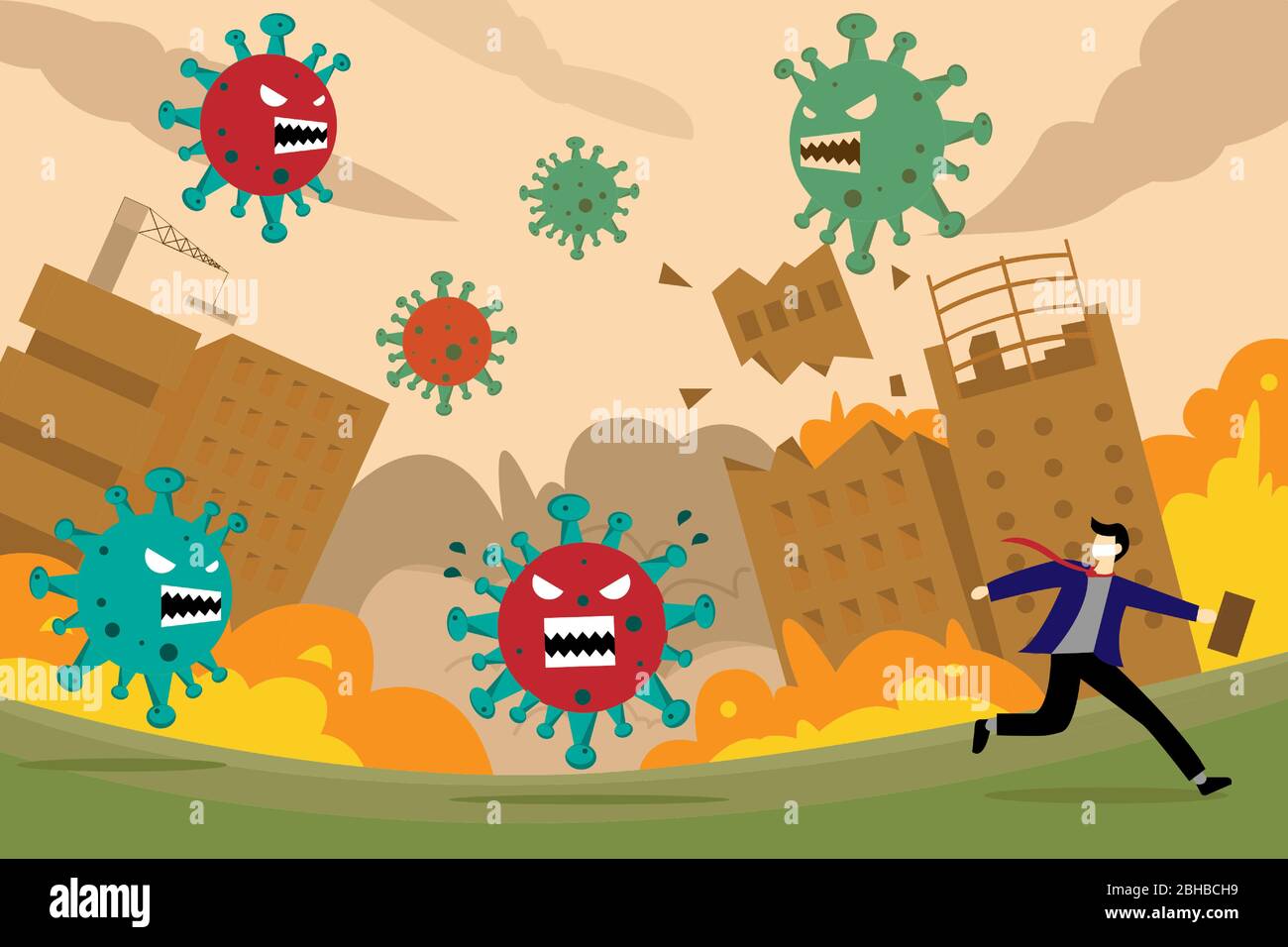 Businessman run away from COVID-19 virus pathogen disease outbreak ...