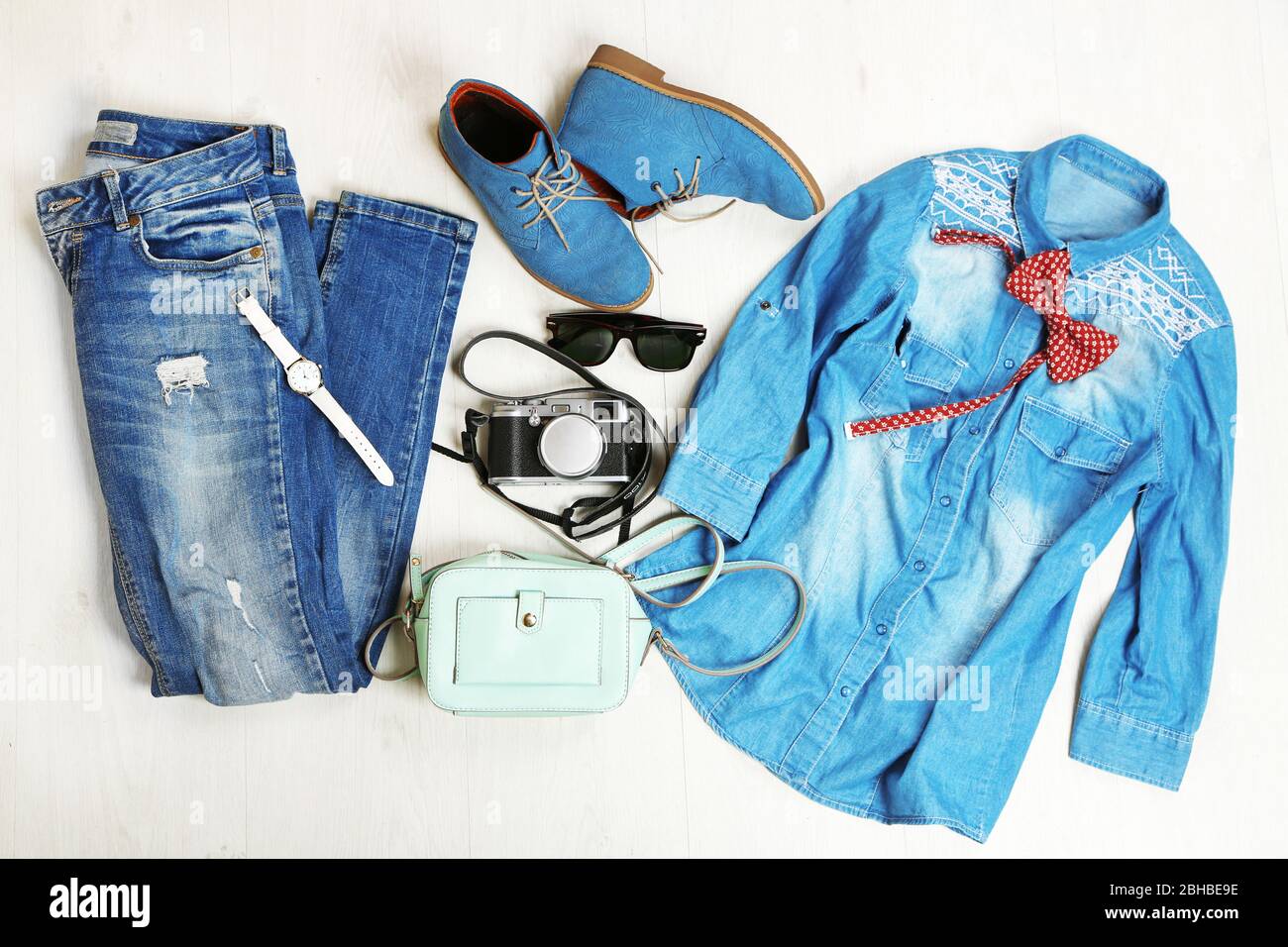 Still life of casual woman. Woman clothes and accessories on wooden ...