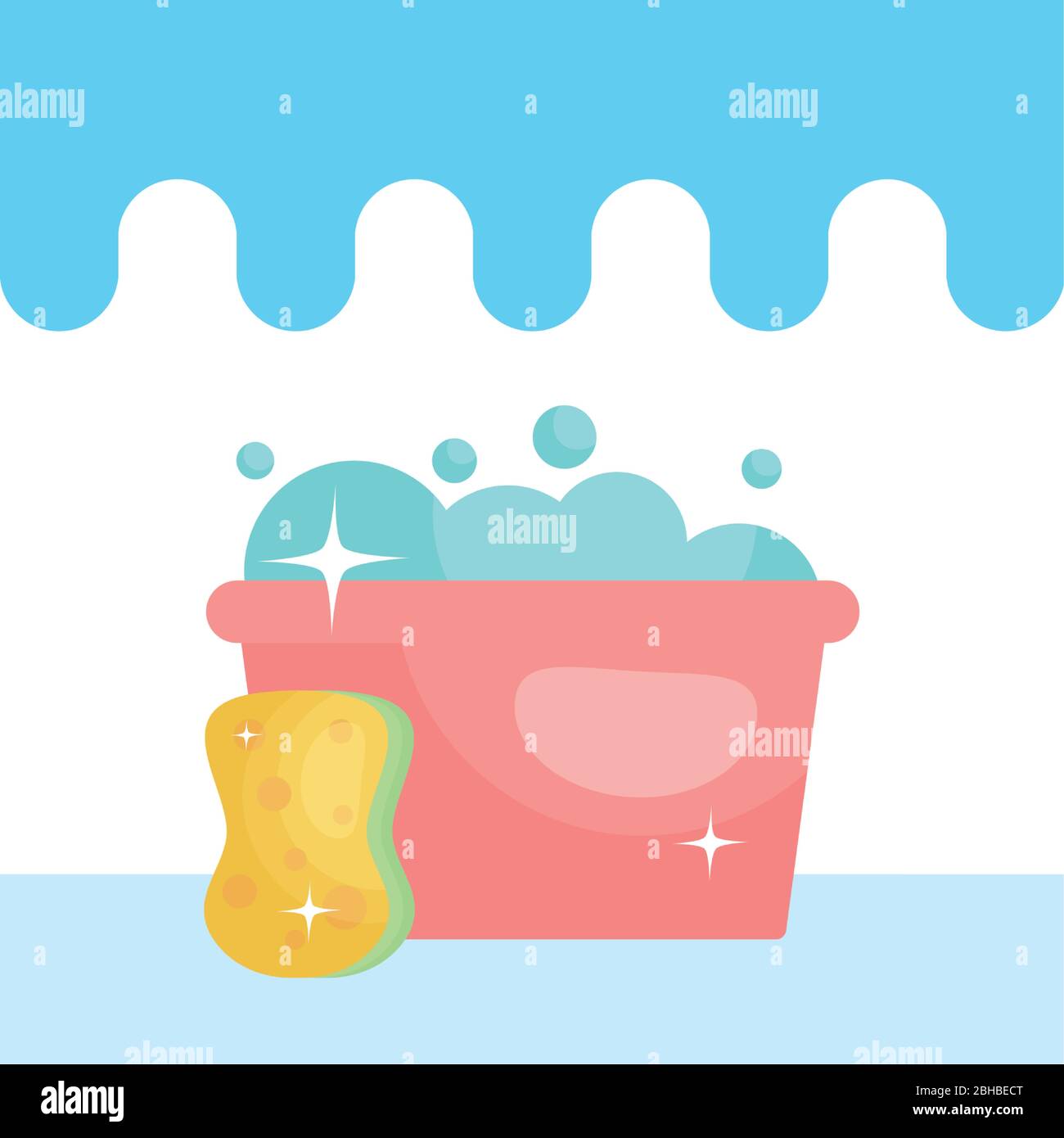 cleaning sponge and bucket with soapy water over white background ...