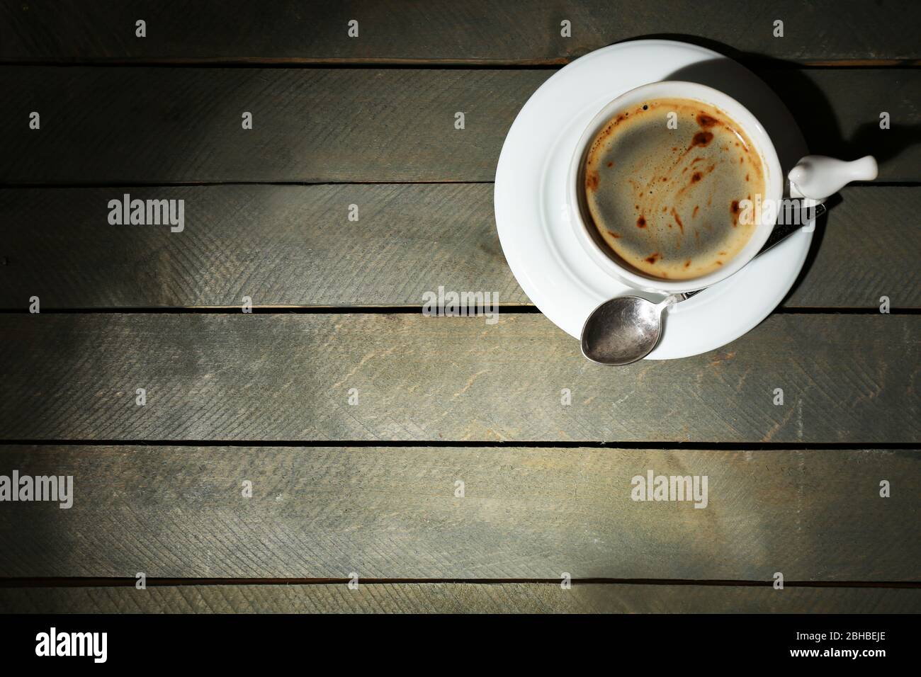 Cup of coffee on rustic wooden planks background Stock Photo - Alamy