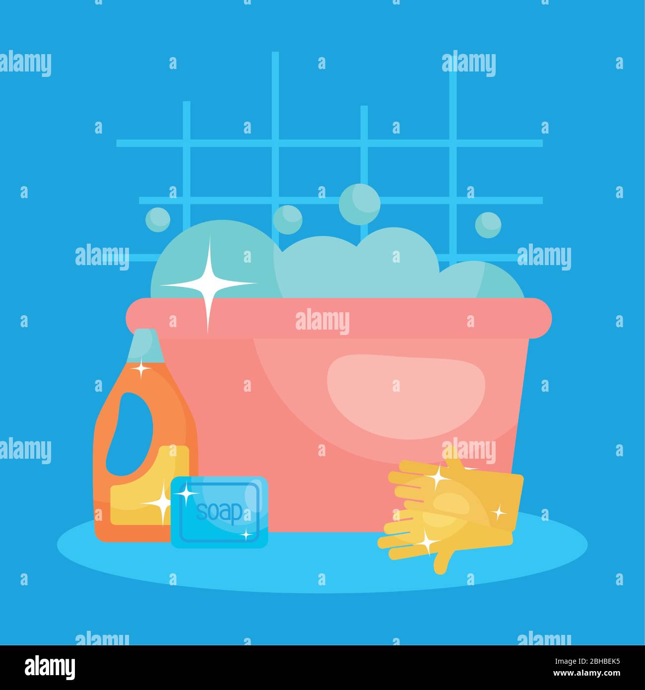cleaning elements and bucket with soapy water over blue background ...