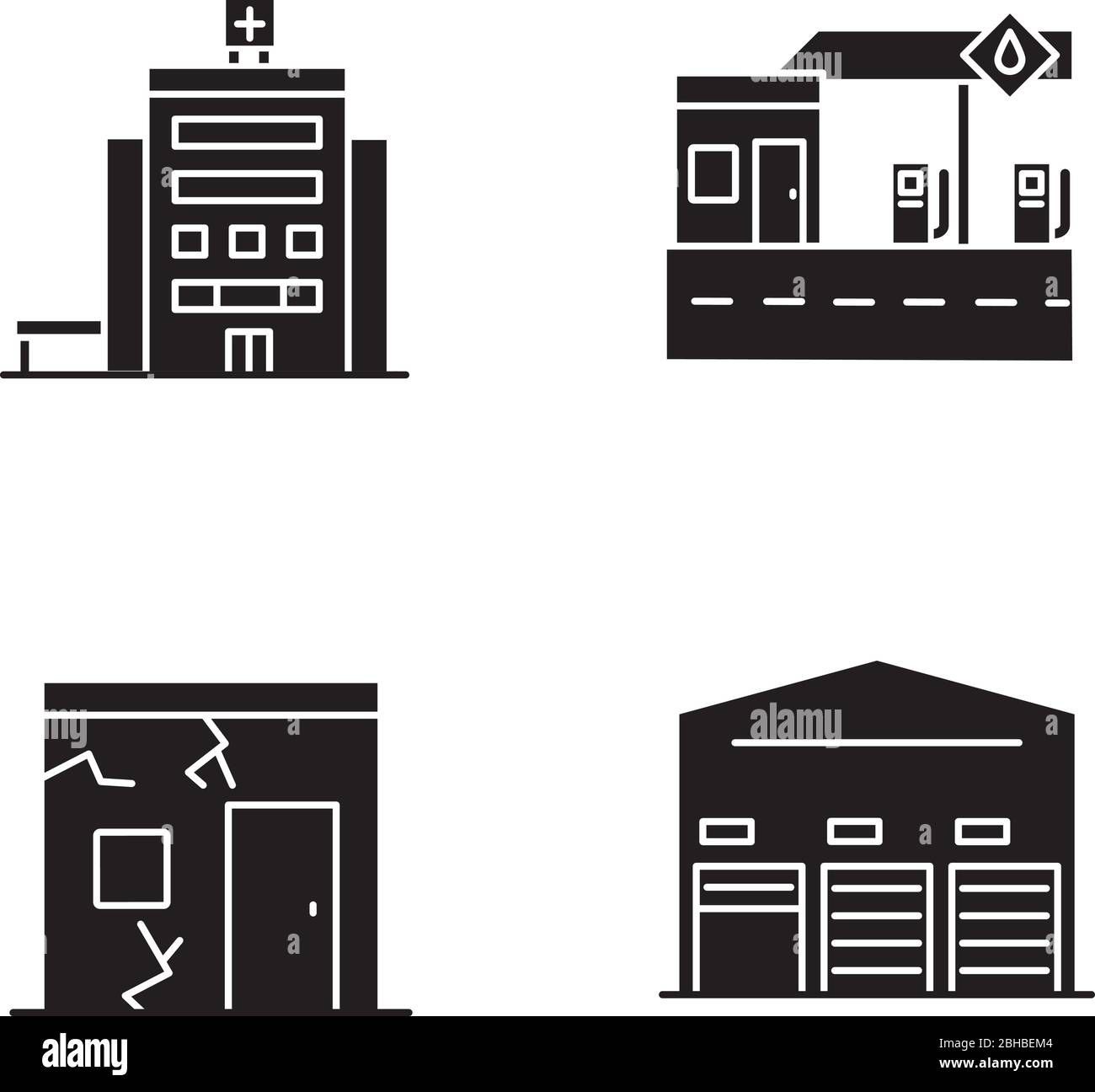 Building constructions black glyph icons set on white space Stock ...