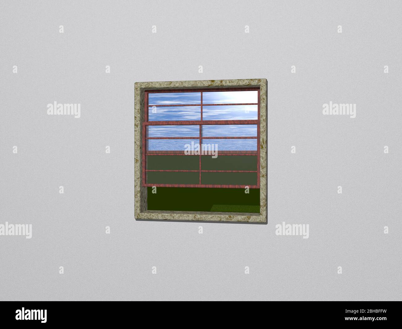 Open sash window from Ghost White wall viewing outside lawn with cloudy ...