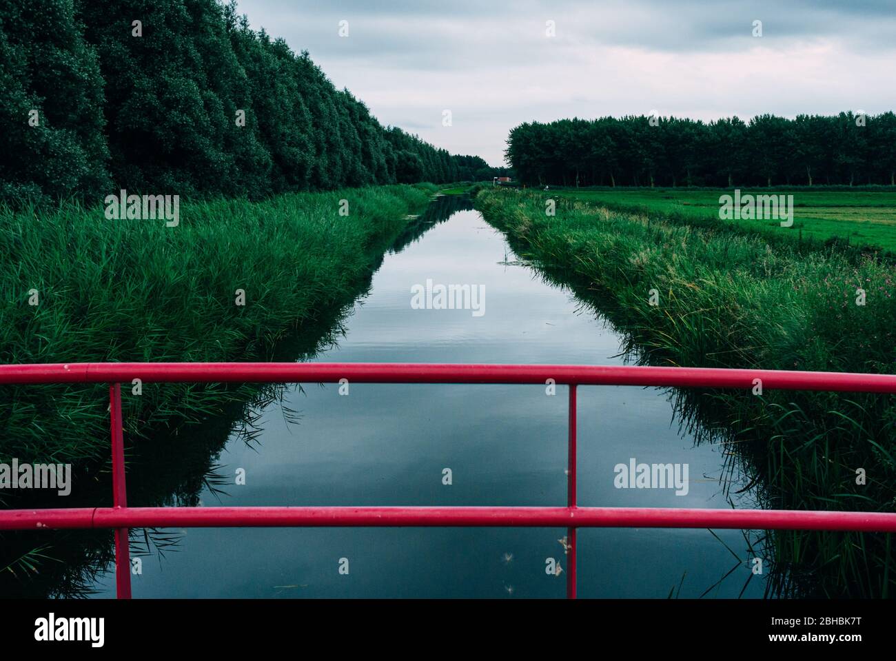 Canal along green grass field countryside landscape. Holland ...