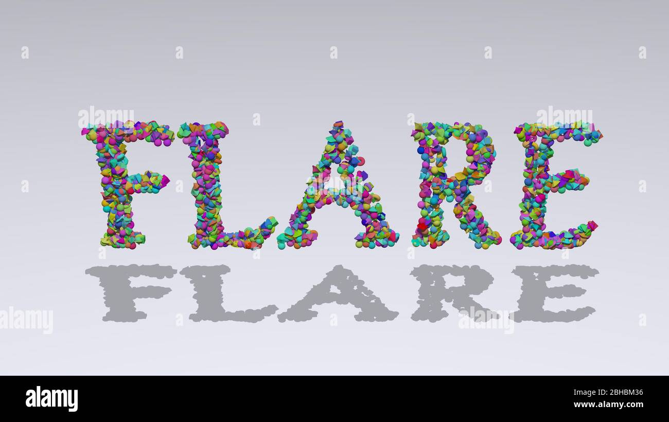 FLARE written in 3D illustration by colorful small objects casting ...