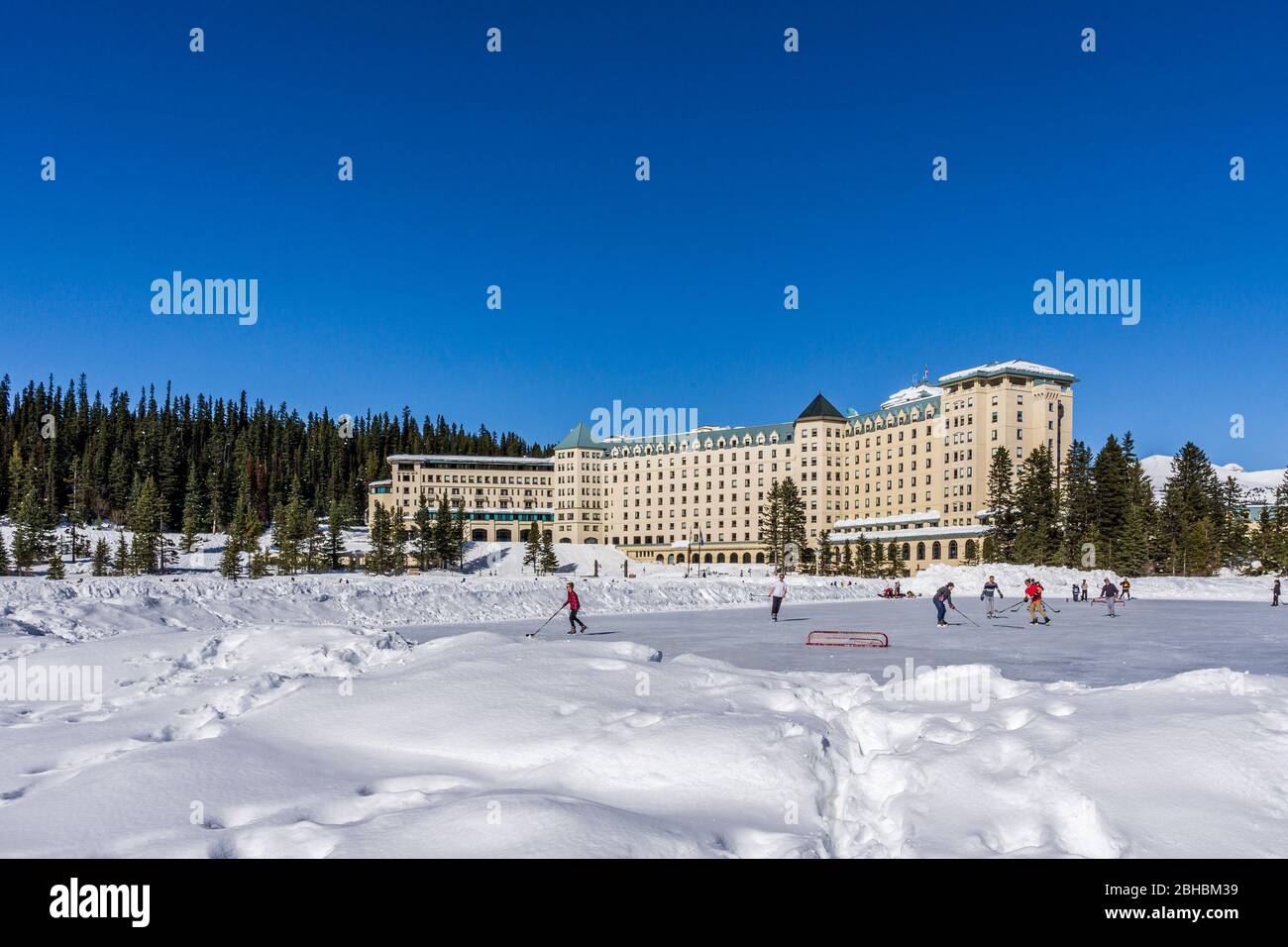 LAKE LOUISE, CANADA - MARCH 20, 2020: hockey in front of fairmont ...
